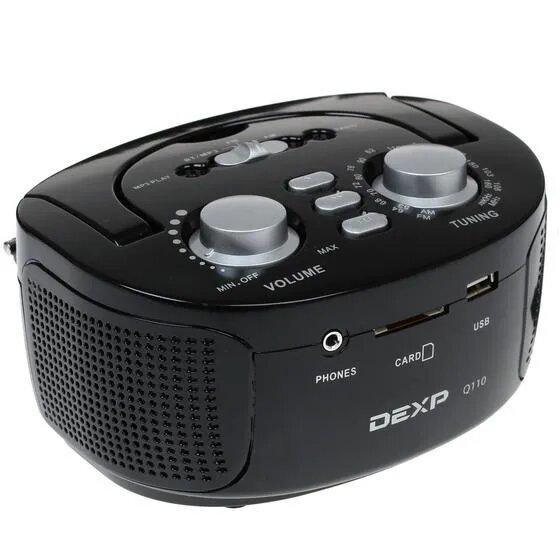 Магнитола стерео компактная DEXP Q110 черный, 6 Вт, FM радио, USB SD Bluetooth, ручка, сеть аккум. бат.