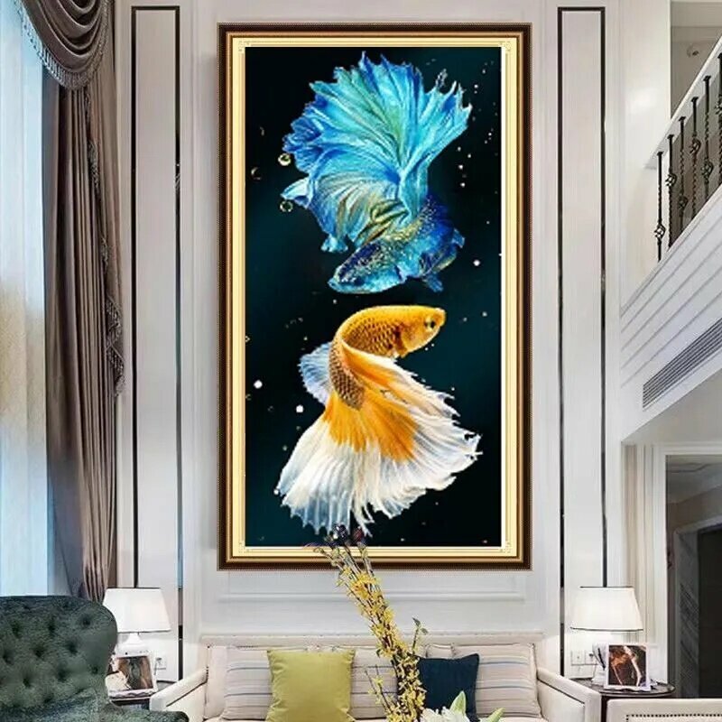 Набор для вышивания крестиком, вышивка крестиком "Золотисто-голубые кои", 11CT 3 нити, 50х90 см (без рамки)