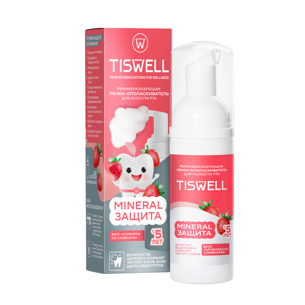 Пенка-ополаскиватель Tiswell для полости рта для зубов детский Клубника со сливками 5+, 50 мл