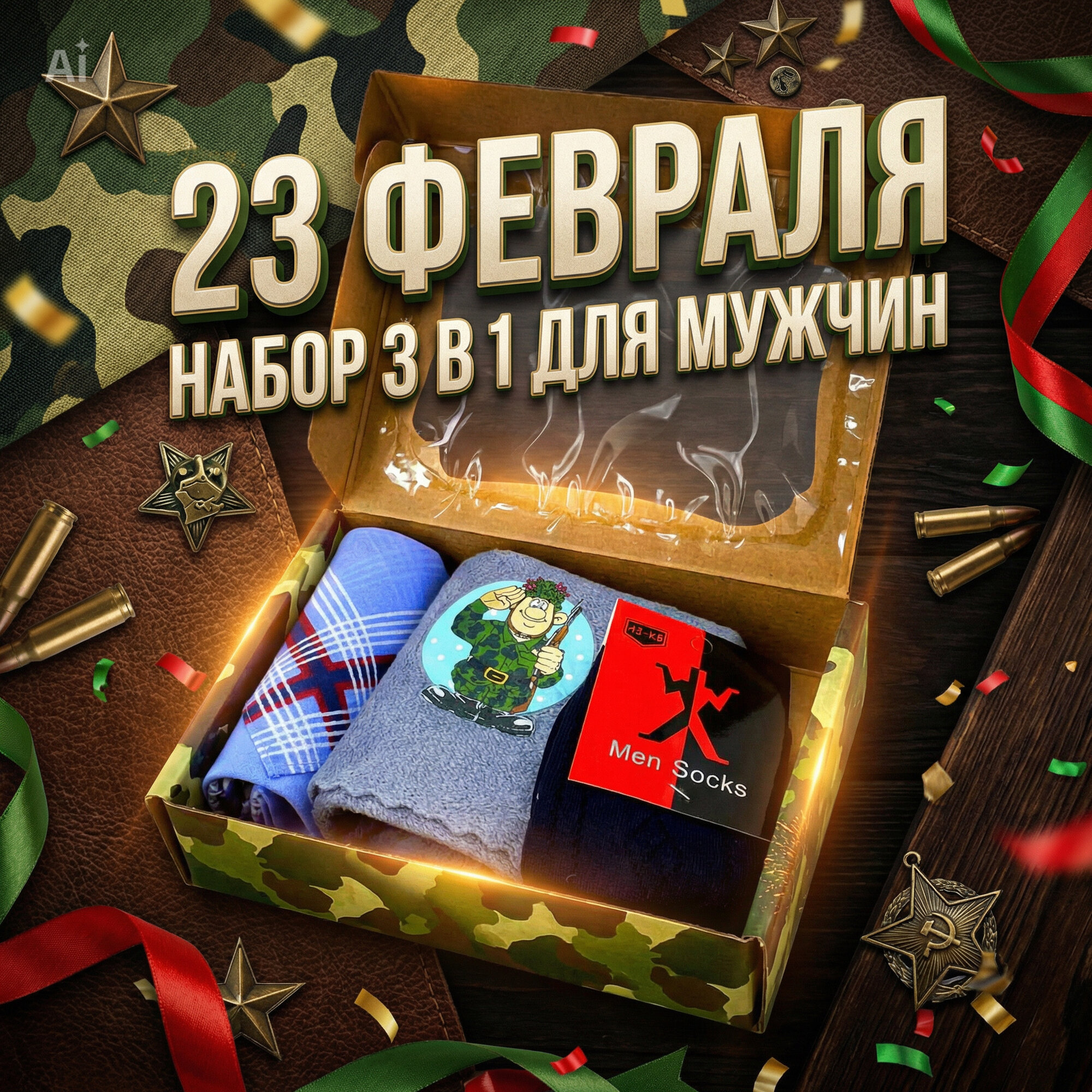 Подарок мужчине 3 в 1 носки полотенце платок 23 февраля