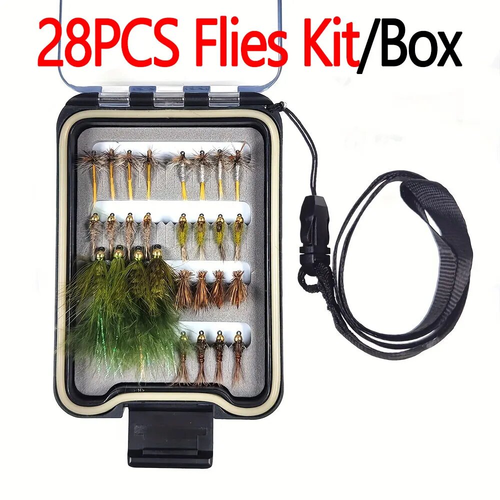 Комплект мух из 28 шт. с водонепроницаемой коробкой Адамс Dry Fly Hare's Ear нимфа Лось Hair Caddis' Fly Woolly Bugger Streamer Приманки для ловли форели