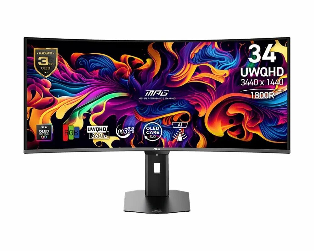 MSI 34" Монитор MPG 341CQR QD-OLED X36 Монитор, 4K360Hz 5TH-GEN QD-OLED 0.03msGTG DP2.1 HDR True Black 500 Игровой монитор Изогнутый монитор, черный матовый