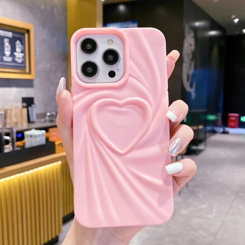 Модный силиконовый чехол со складными морщинами 3D Love Heart для iPhone 15 14 13 16 Pro Max Plus 17 12 11 PM Soft Matter, полный чехол для телефона Розовый, Pink, For iPhone 15