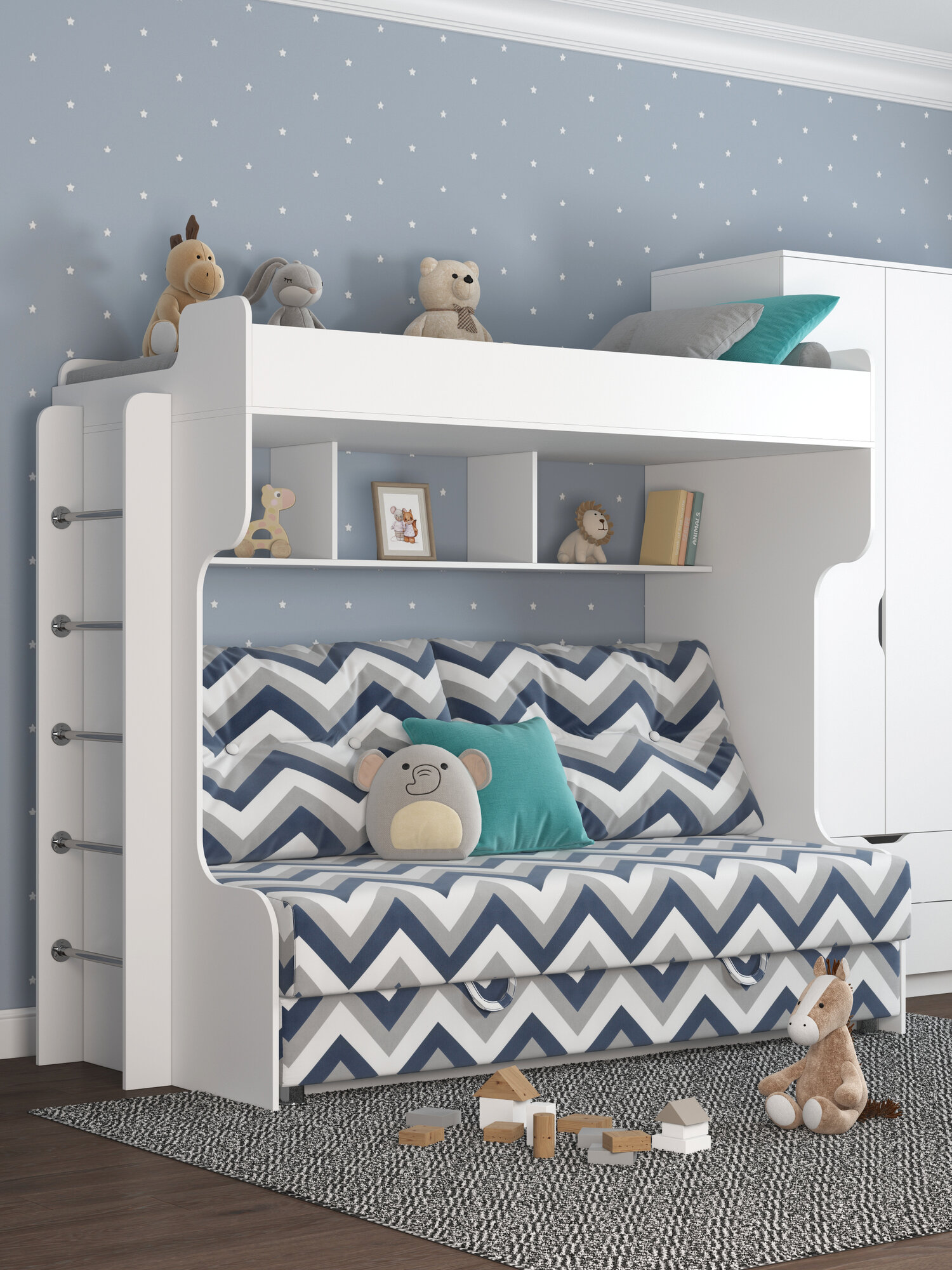 Есэндвич Альпика Кровать двухъярусная с диваном (Белый/Lokky Blue) 205х104х195 см