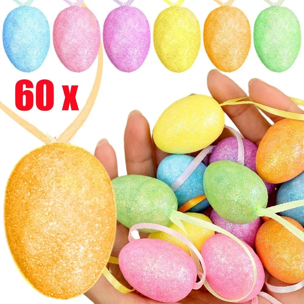 Яйца пасхальные, разноцветные, размер 9,5*2,5 см, 60 штук.