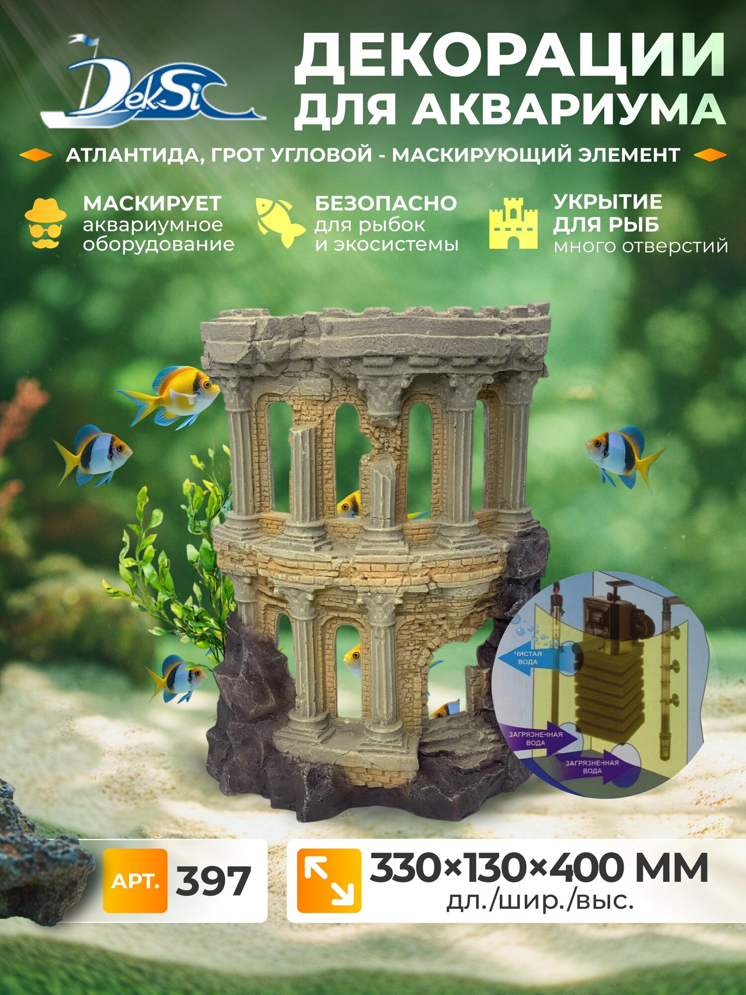 Декорация для аквариума замок Атлантида, грот DEKSI 397 маскирующий элемент для фильтра и обогревателя