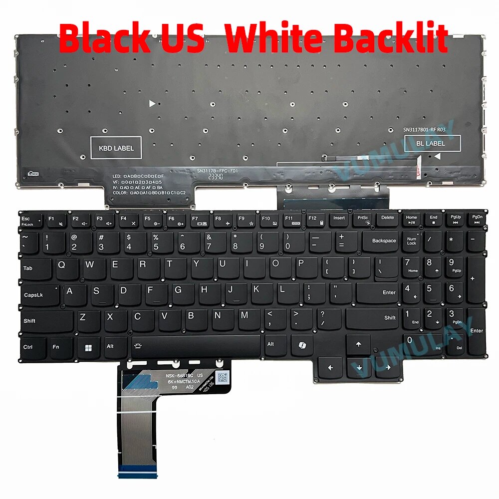Клавиатура Black US White Backlit для Lenovo LOQ 15ARP9