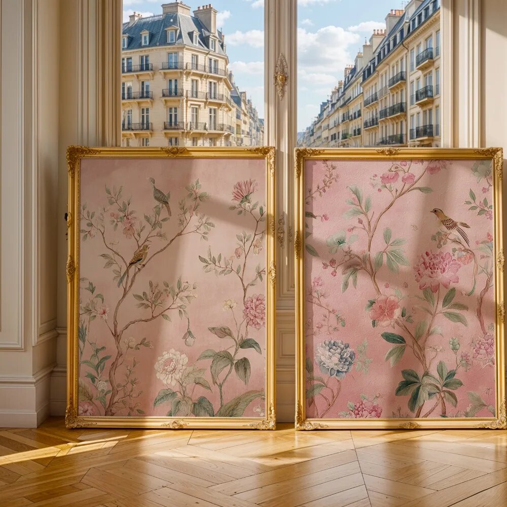 Набор из 2-х абстрактных картин на холсте с розовыми цветами и птицами 30x40cm-unframed