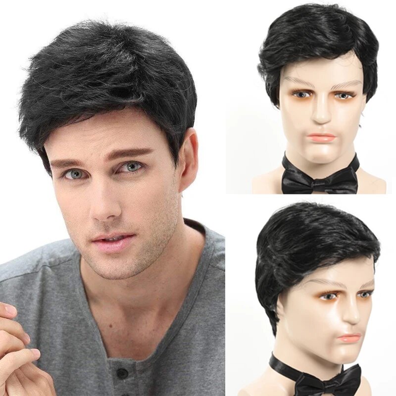 JKL мужской черный короткий волнистый синтетический парик Black