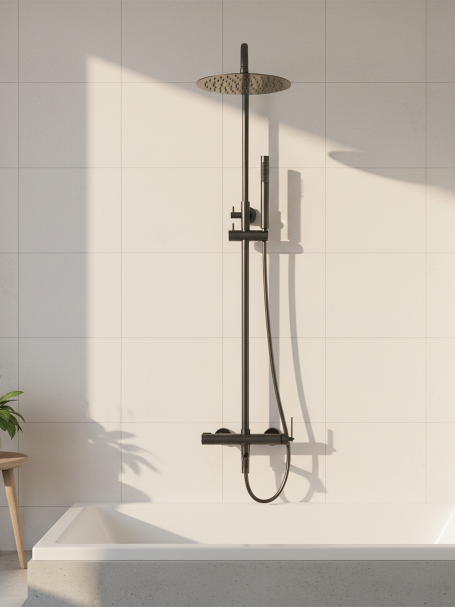 ESKO, Душевая система со смесителем для душа / душевой комплект оружейная сталь, графит / тропический душ / латунь