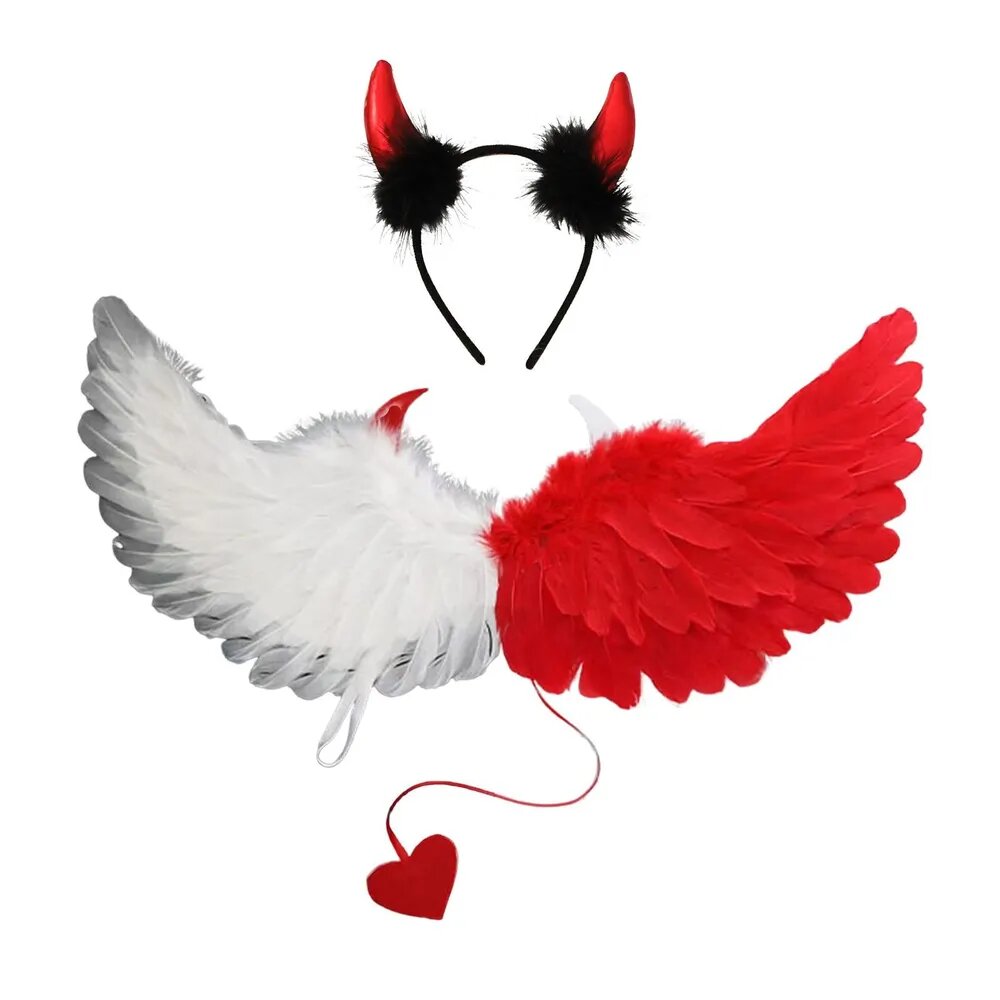 Набор костюмов дьявола для Хэллоуина с рогами, крыльями и ободком, идеальный реквизит для вечеринок и карнавала, красный и белый