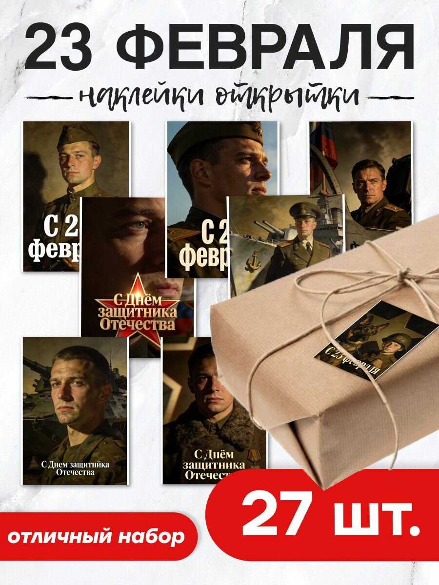 Наклейки "Открытки 23 Февраля" Stick to Stick, многоразовые, влагостойкие, 27 шт
