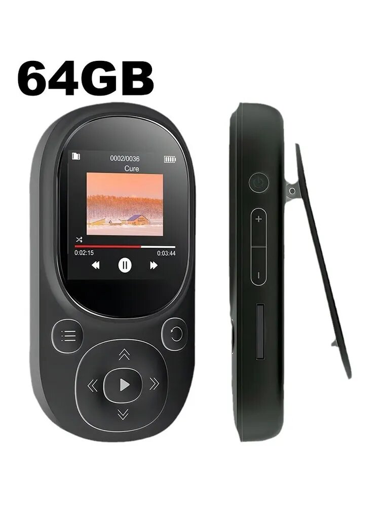 MP3-плеер 64 ГБ с экраном, черный цвет, с клипсой для крепления