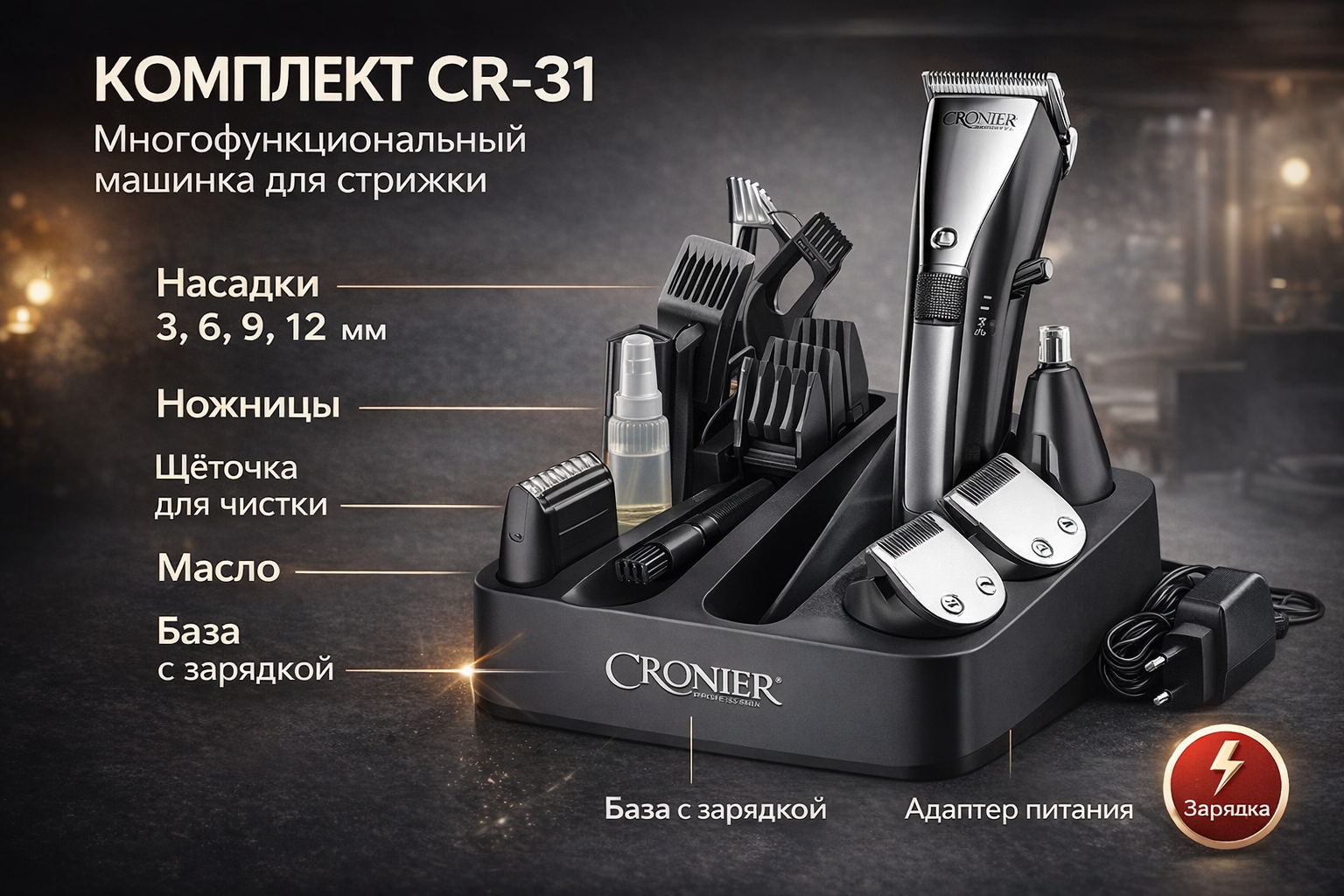 Профессиональный триммер Cronier CR-31 для стрижки волос и бороды с насадками