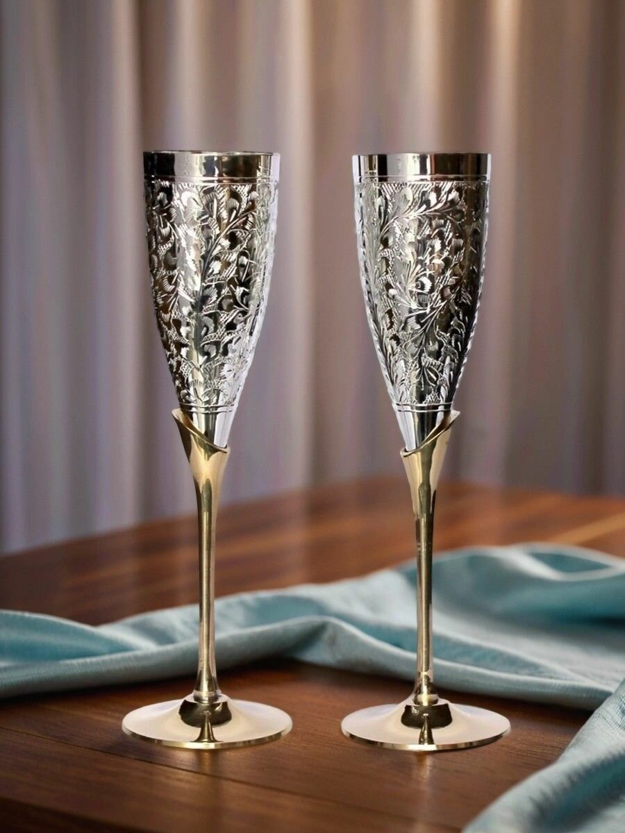 Подарочный набор бокалов из латуни для вина, шампанского Синий Бархат