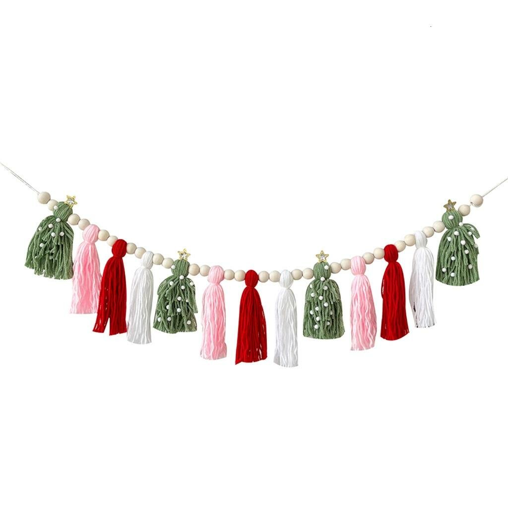Рождественские гирлянды с кисточками и деревянными бусинами, Зеленый розовый и белый