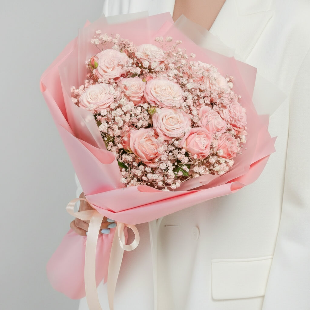 Дуо-букет Мегацвет24, "Нежные Объятия", роза и гипсофила, коралловый/розовый, дизайнерская упаковка