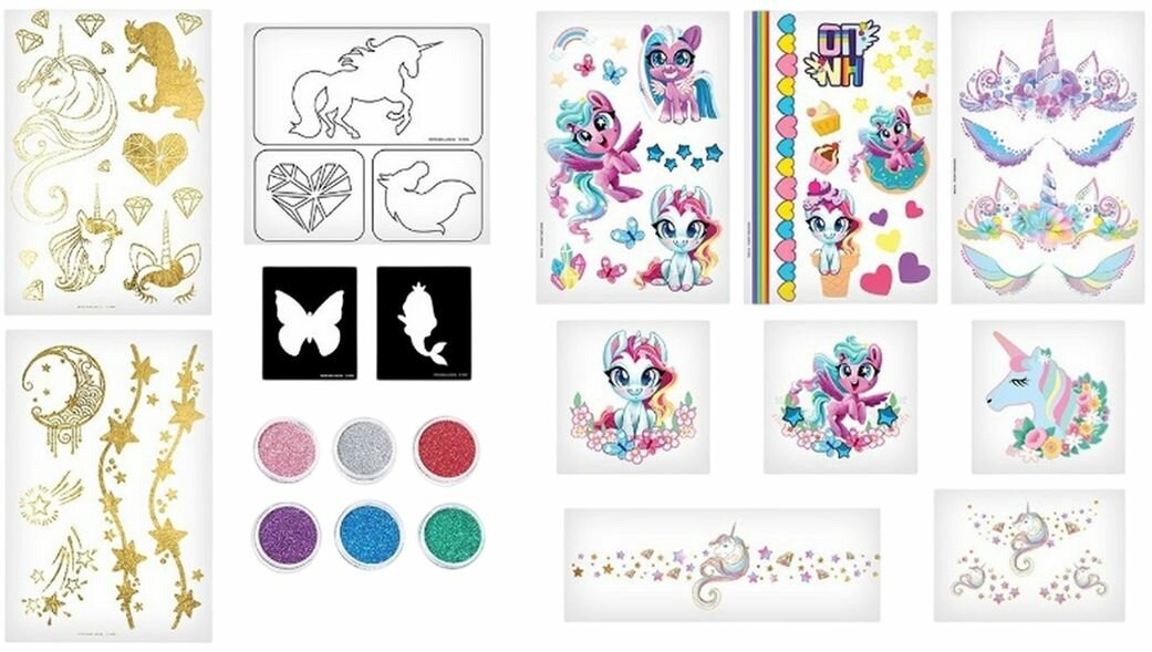 Переводные тату детские "Тату Единороги" с блестками для девочек, наклейка-переводка на тело, временная татуировка для детей, набор из 2 листа