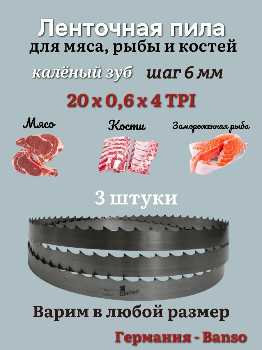 Banso Ленточная пила по мясу 1550 мм, 20x0.6x4 TPI / 6мм, 3 штуки, для резки замороженных мяса, рыбы и кости
