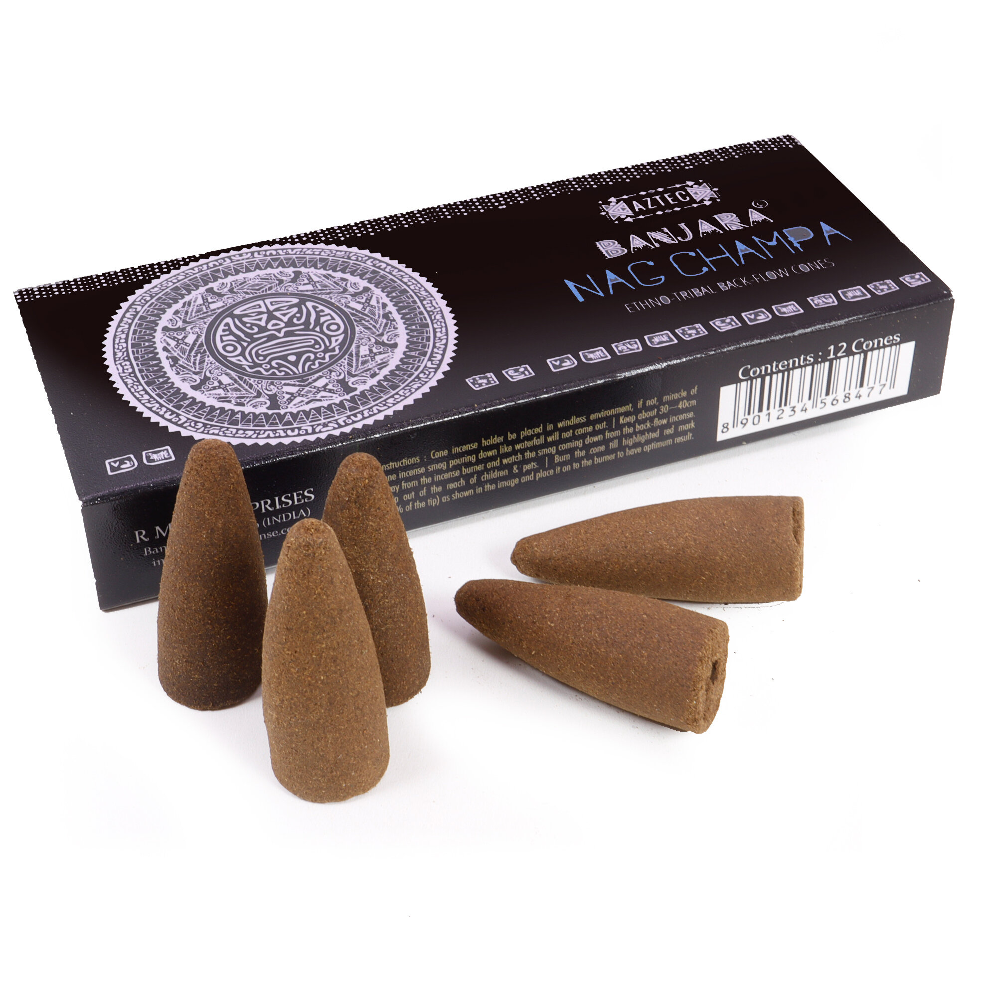 Aztec NAG CHAMPA Ethno-tribal Back-Flow Jumbo Cones, Banjara (Ацтек НАГ чампа этно-племенные конусные благовония стелющийся дым, Банджара), 10 конусов.