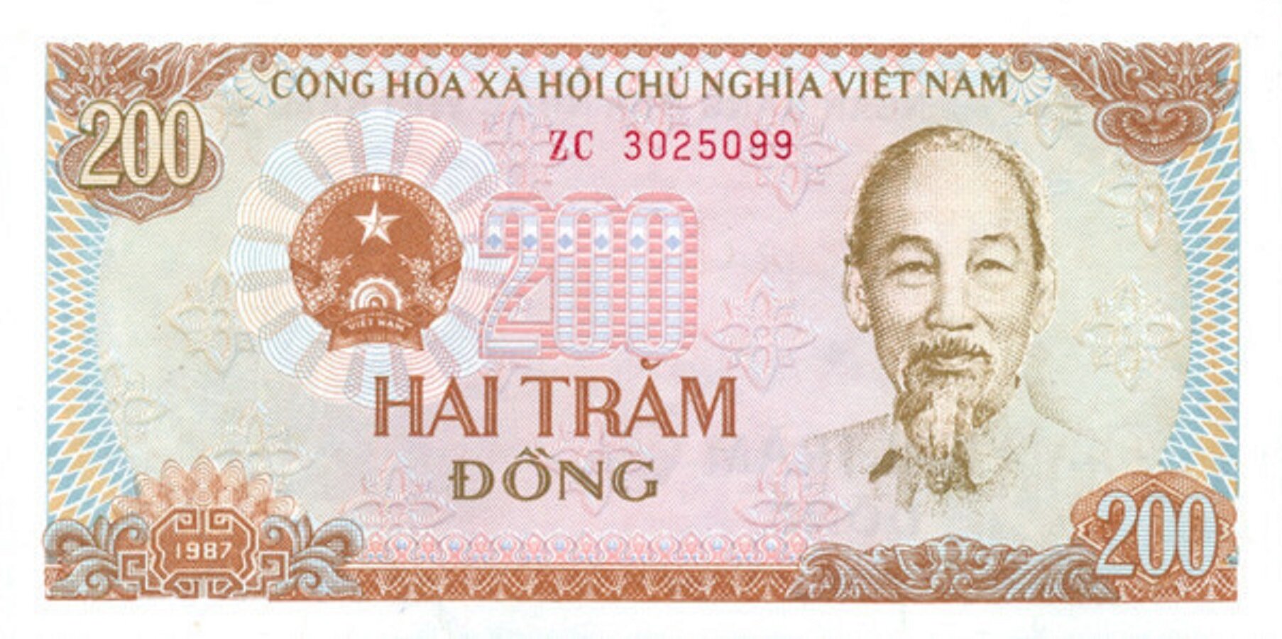 Банкнота номиналом 200 донг Вьетнама 1987 года. Состояние UNC Р-100 (34451)