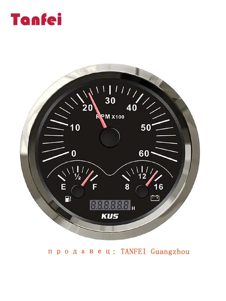 Тахометр для лодки KUS, 122 мм, черный циферблат, индикация RPM, уровня топлива, напряжения и времени работы двигателя