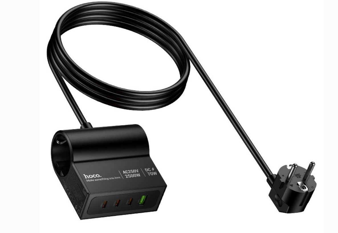 Зарядное устройство с удлинителем Hoco AC34 Desktop Socket, 2AC+1U+3C, 70W / 2500W с кабелем 1.5м, Черный