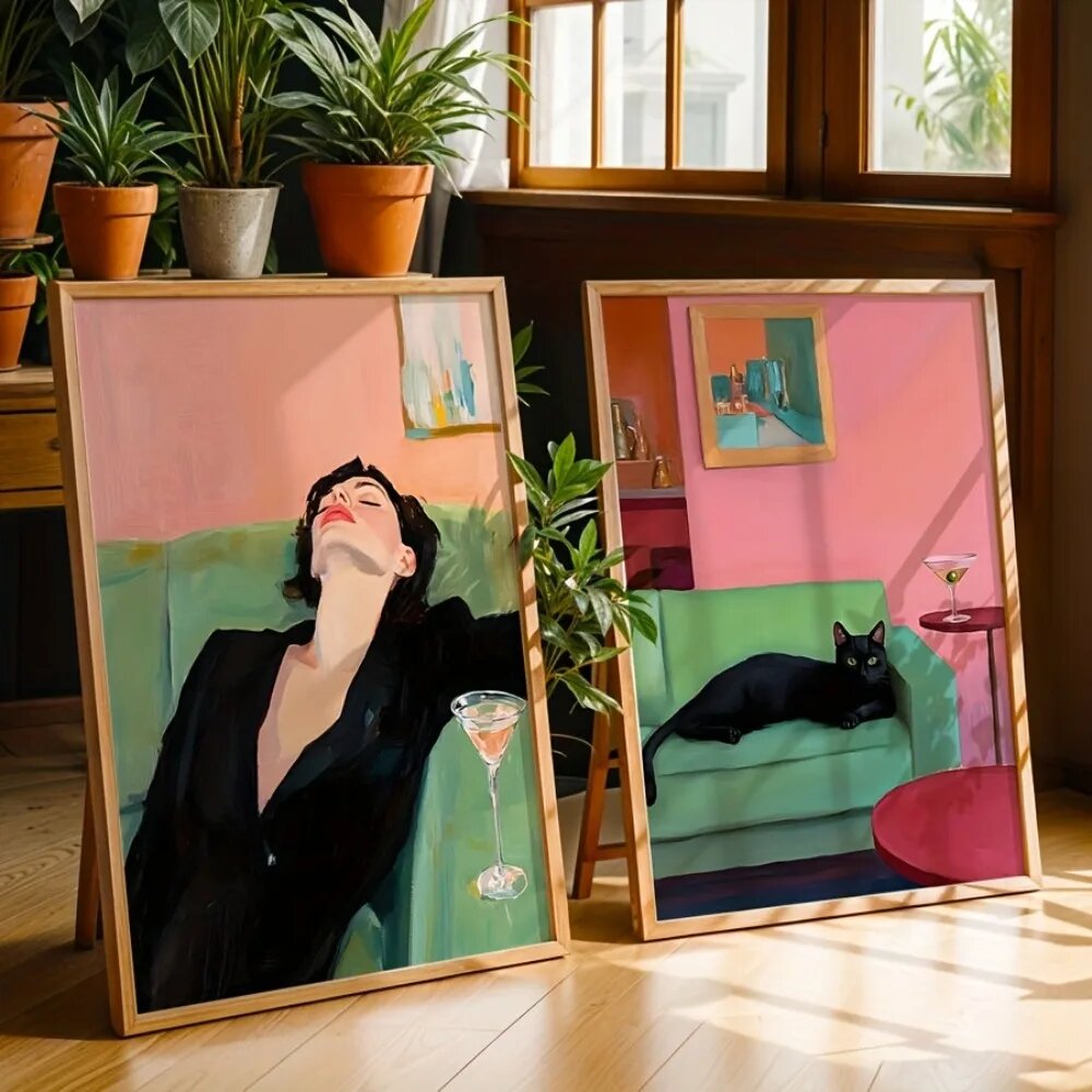 Набор из 2 холстов HALFLEMART "Черный кот", абстрактный дизайн 50x70cm no frame