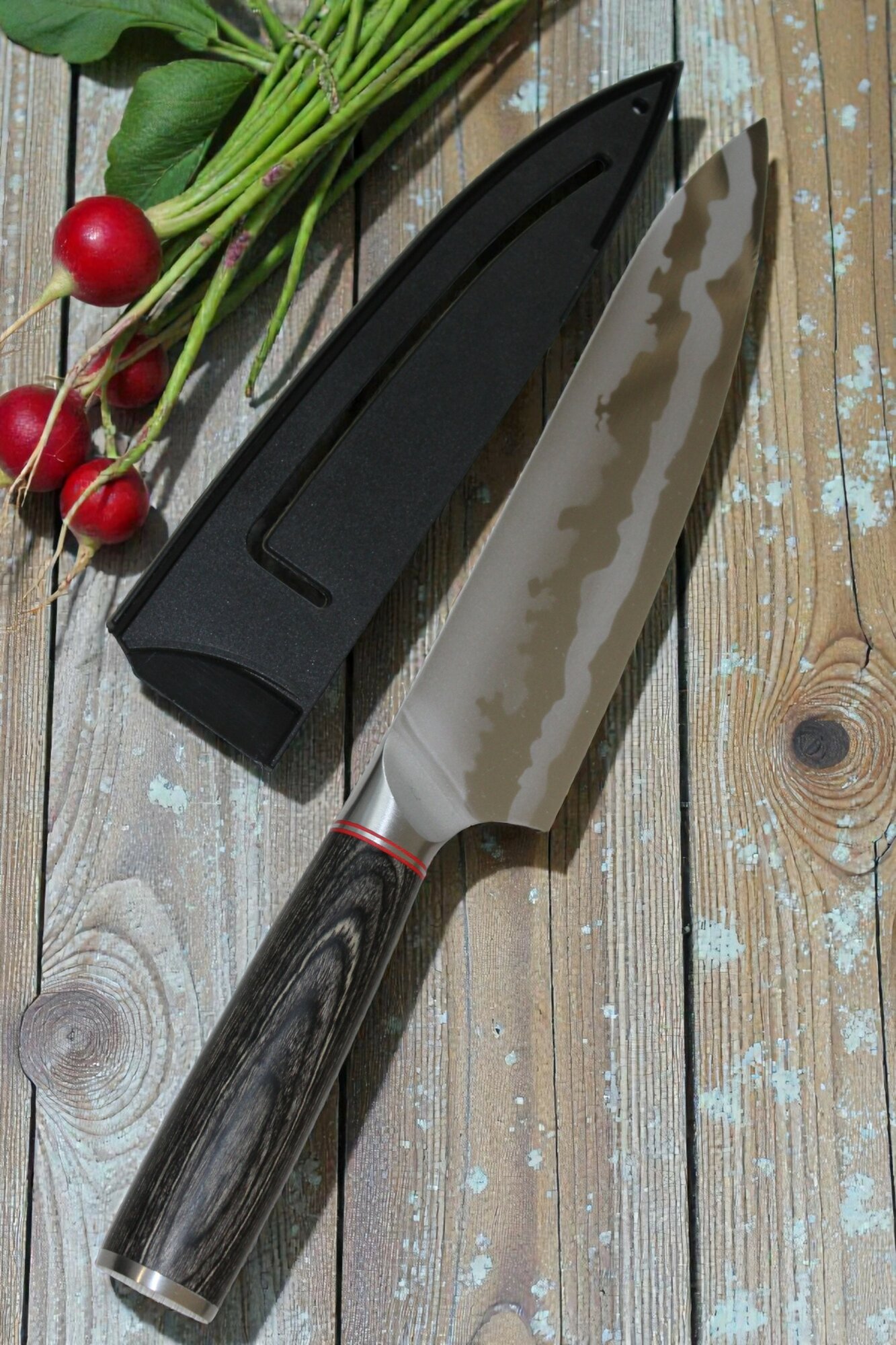 Шеф-нож DQ, универсальный, 20см, сталь D2, дерево, чёрный, с чехлом