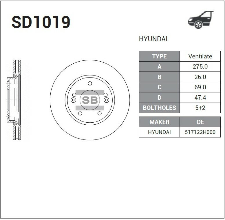 Тормозной диск передний вентилируемый SANGSIN SD1019 275x26 5 отверстий Hyundai Elantra 2006 ->