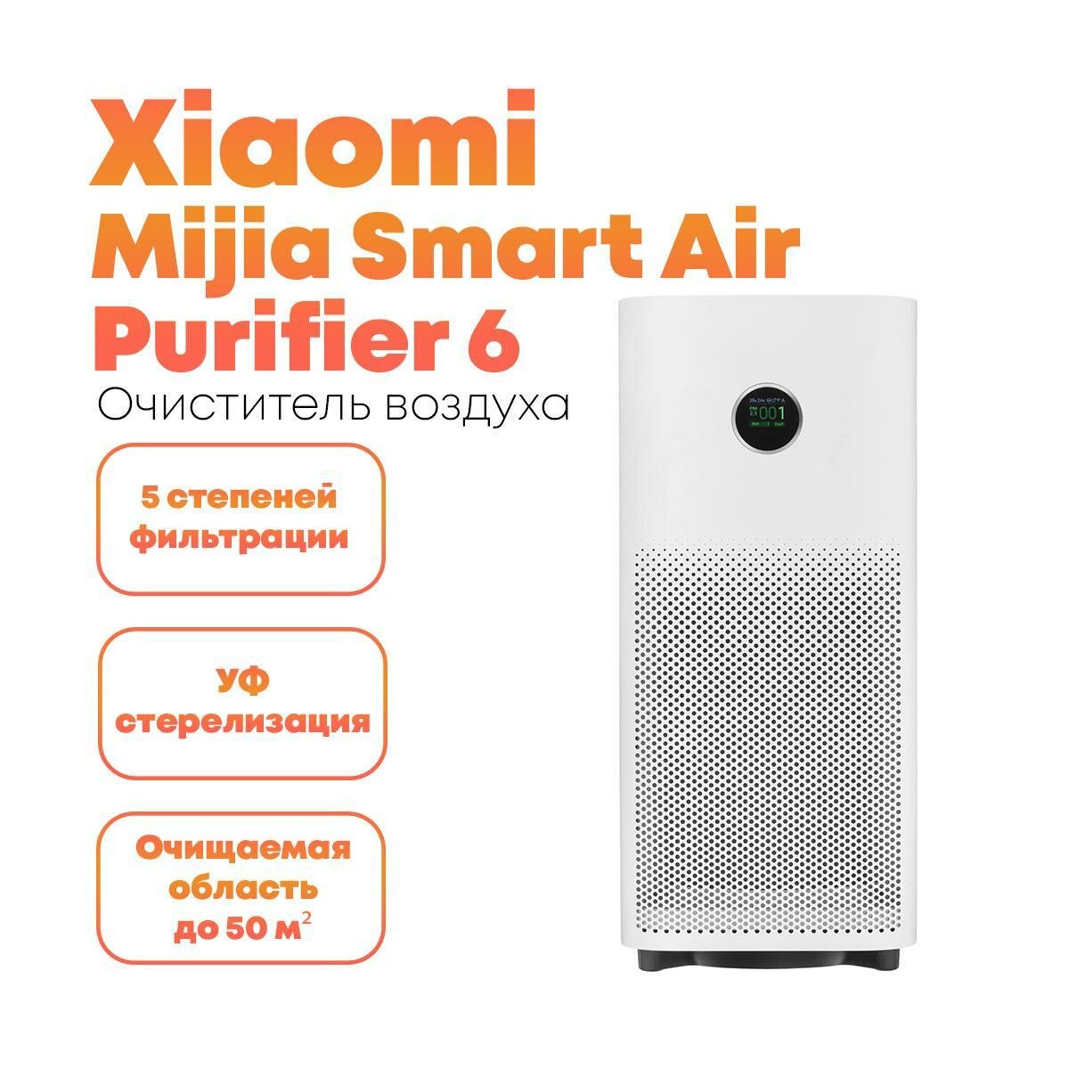 Очиститель воздуха для дома и офиса Ксиоми Mijia Purifier 6 EU Smart Air с пятиступенчатой системой очистки, дисплеем и голосовым управлением, BHR08MZ