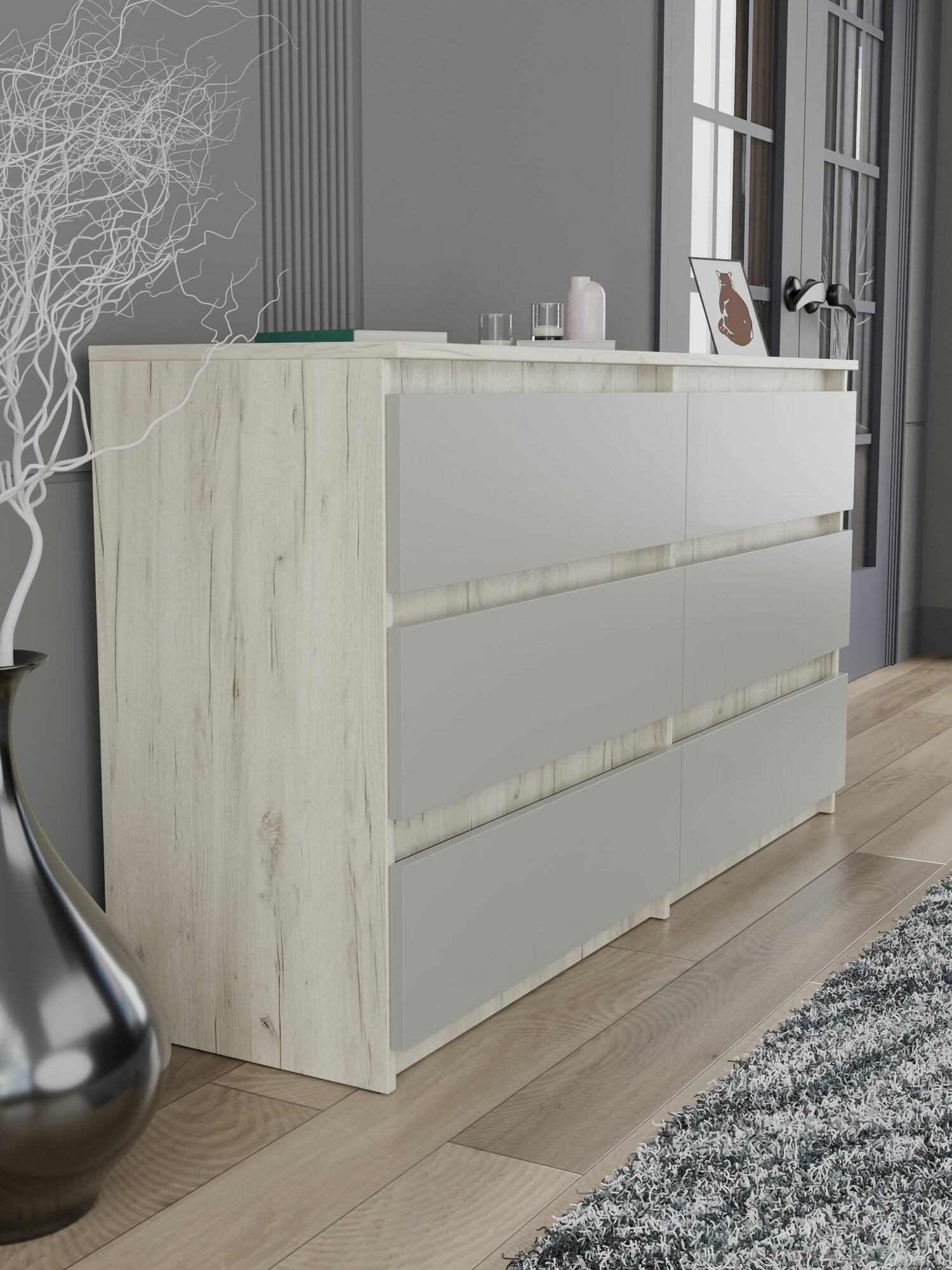 Комод для белья и одежды орлан 6 ящиков, 140х76.4х40 см, дуб крафт белый/шиншилла серая