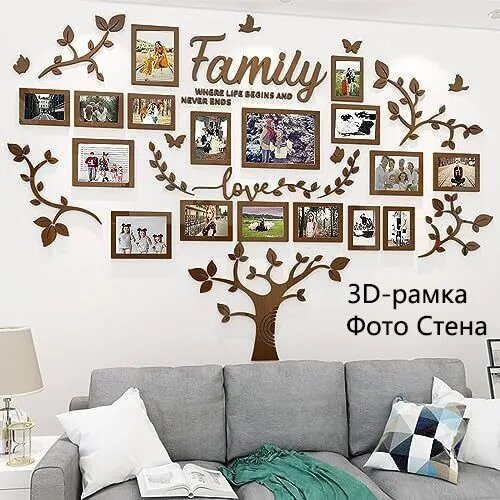 Генеалогия с фоторамкой и часами на стене 150*100 см, композиция из настенного панно, фоторамка, часы