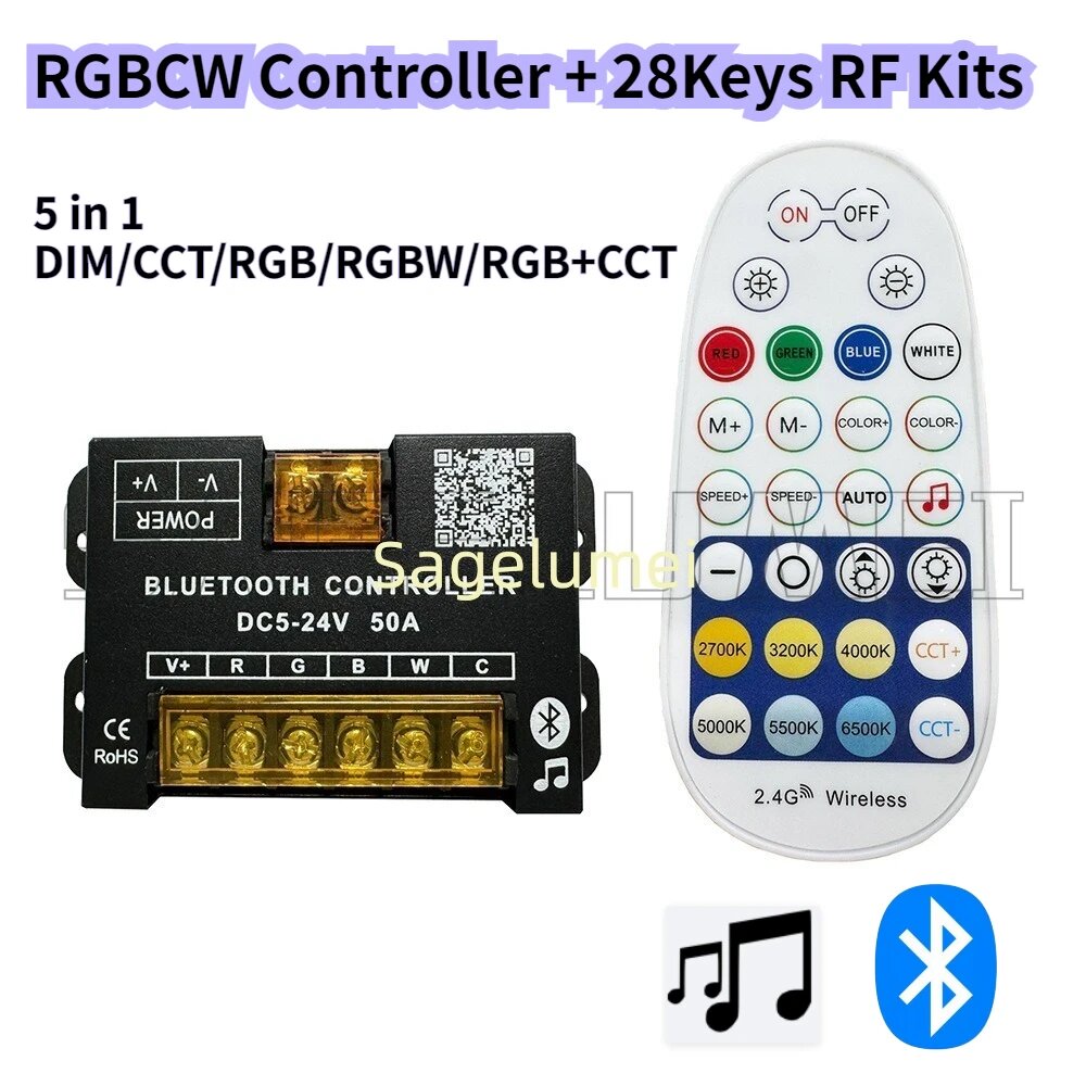 RGB контроллер освещения Bluetooth DIM/CCT/RGB/RGBW/RGBCCT 30А RGBCW Music RF 5in1