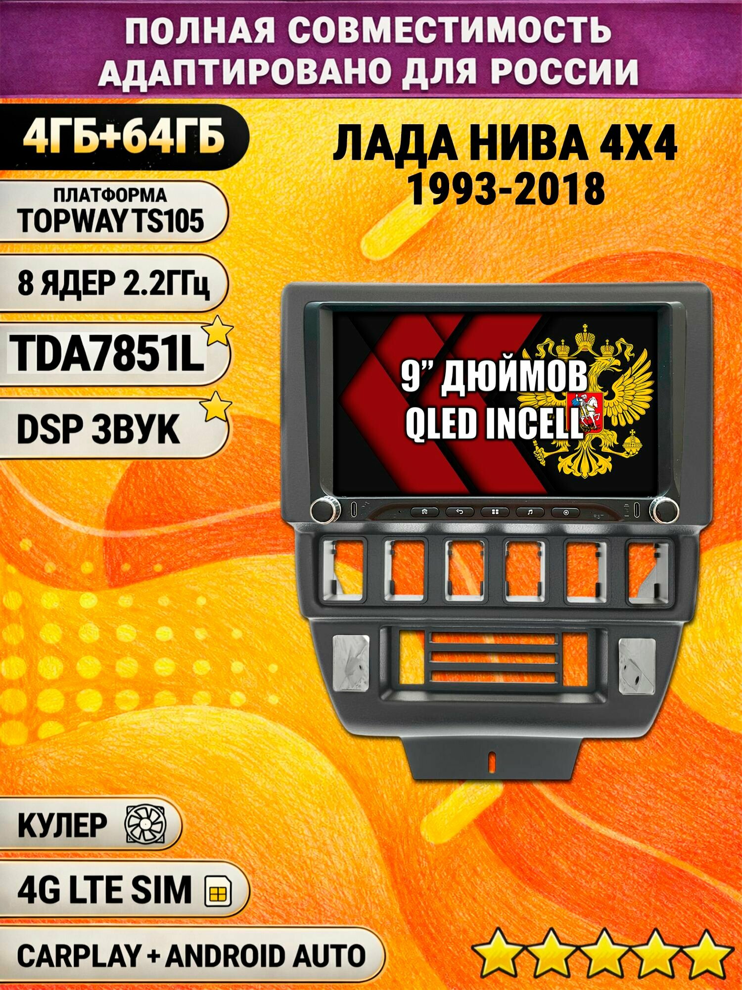Штатная магнитола Андроид 9 для лада нива (1993-2018), LADA NIVA 4X4, 4/64гб, DSP, Topway TS105, беспроводной CarPlay и Android Auto, GPS и ГЛОНАСС