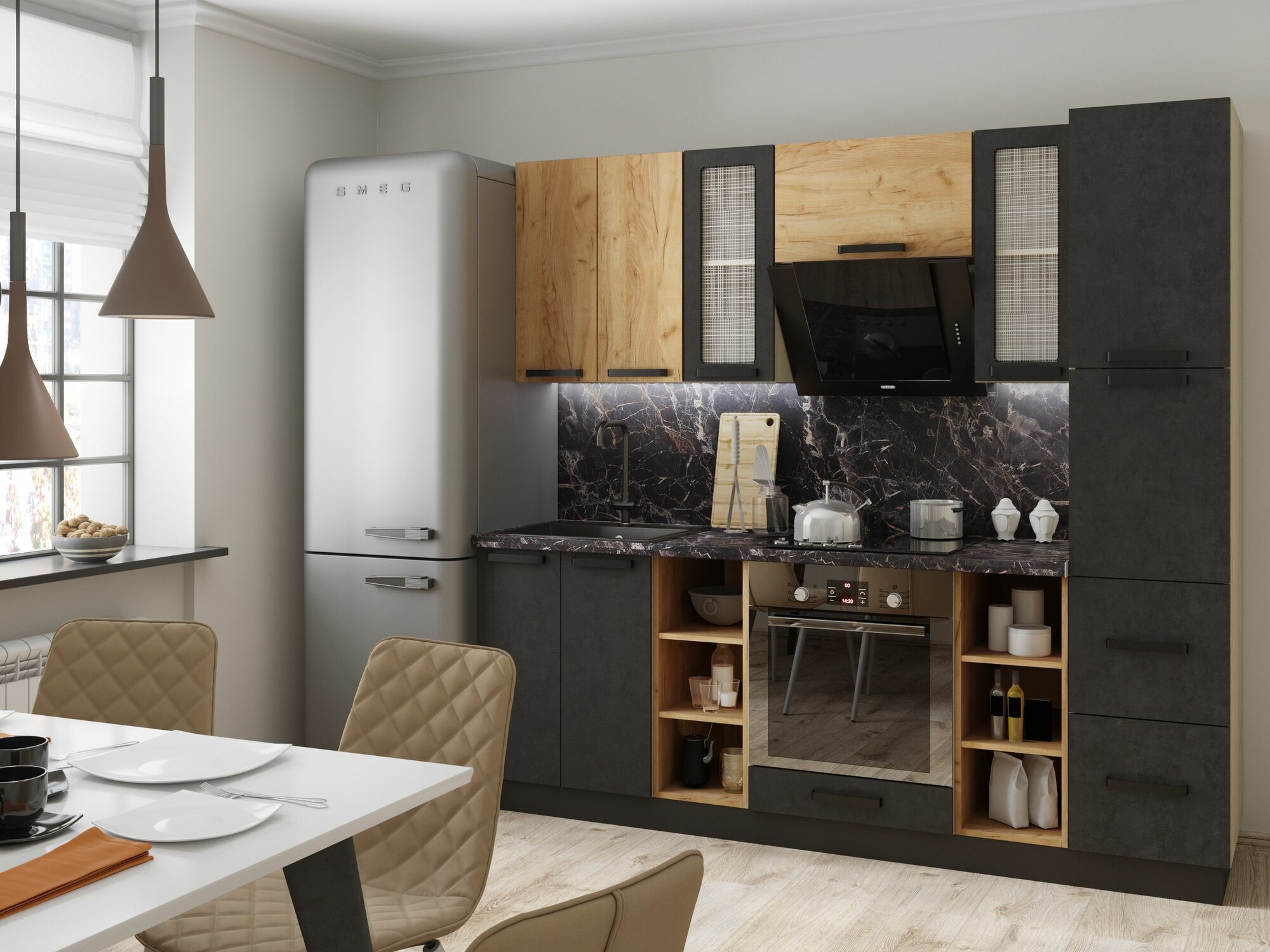 Кухонный гарнитур 2,2м Крафт МДФ дуб крафт золотой/бетон темный без столешницы, тэкс