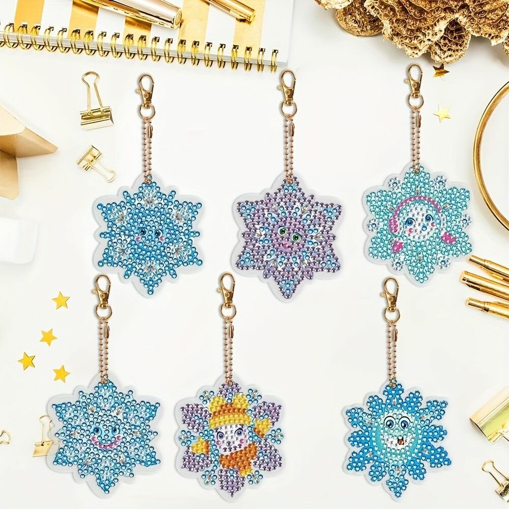 Алмазная мозаика для детей "снежинка", 6 односторонних брелоков