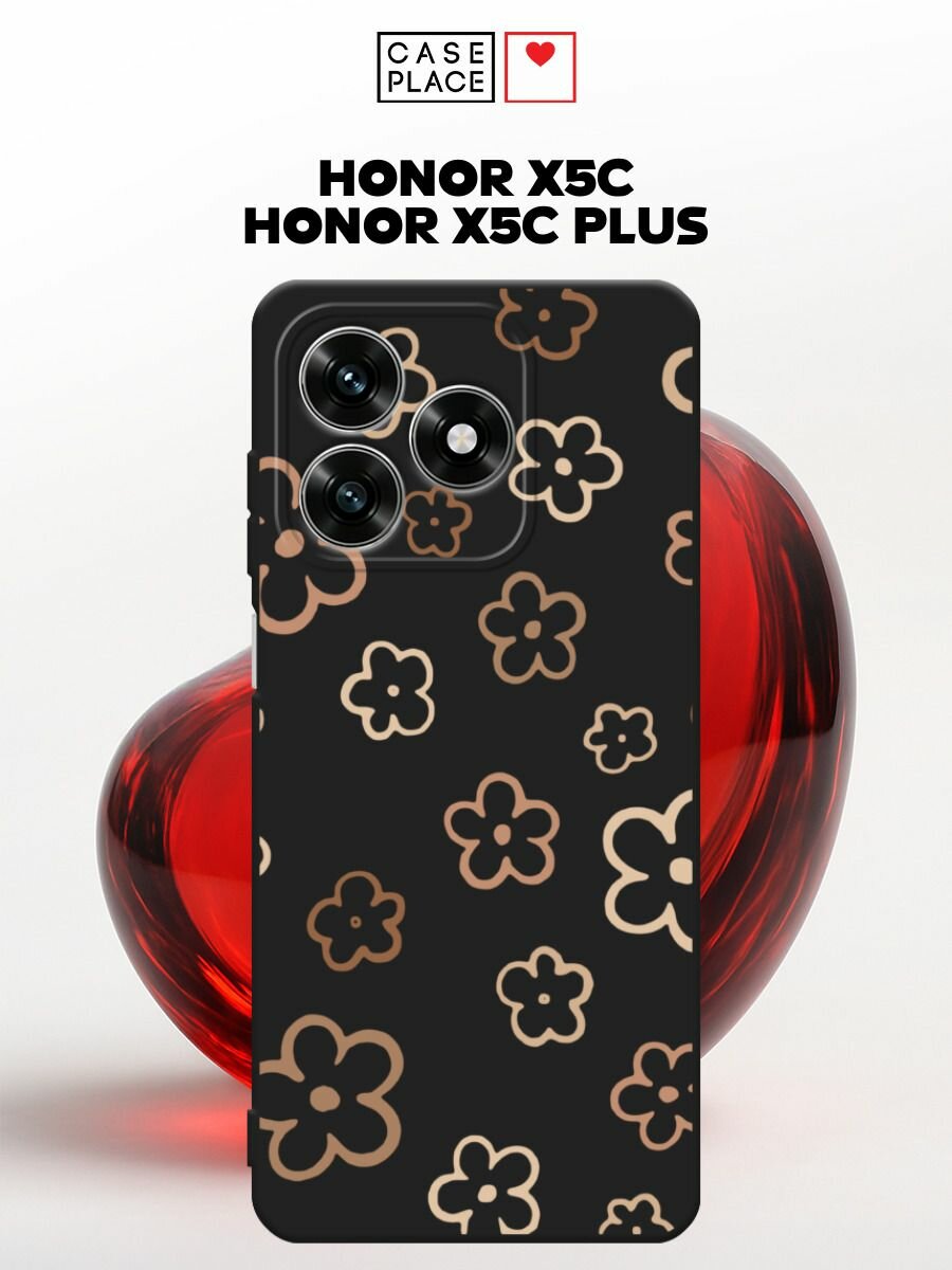 Черный матовый чехол на Honor X5c/X5c Plus / Хонор X5c/X5c Плюс с принтом Цветы контур