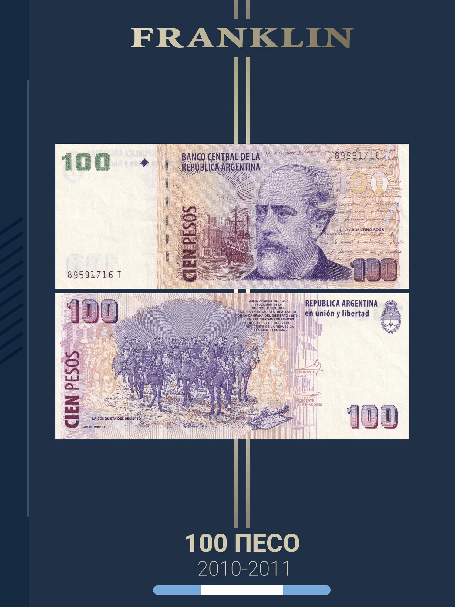 Банкнота Аргентина 100 песо 2010-2011 год (XF) Pick 357