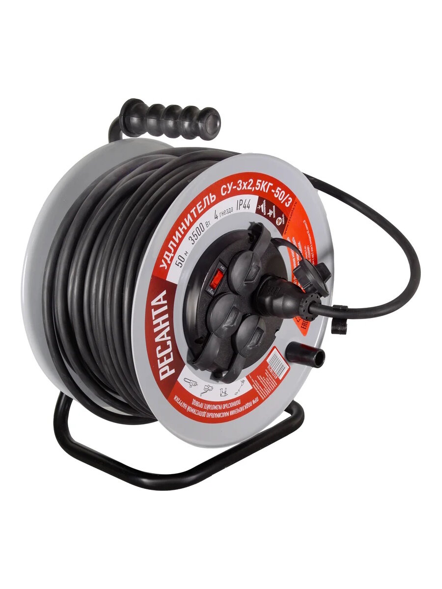 Силовой удлинитель Ресанта СУ-3х2, 5КГ-50/3 (61/118/10), 3500 Вт, 50м, 4 розетки
