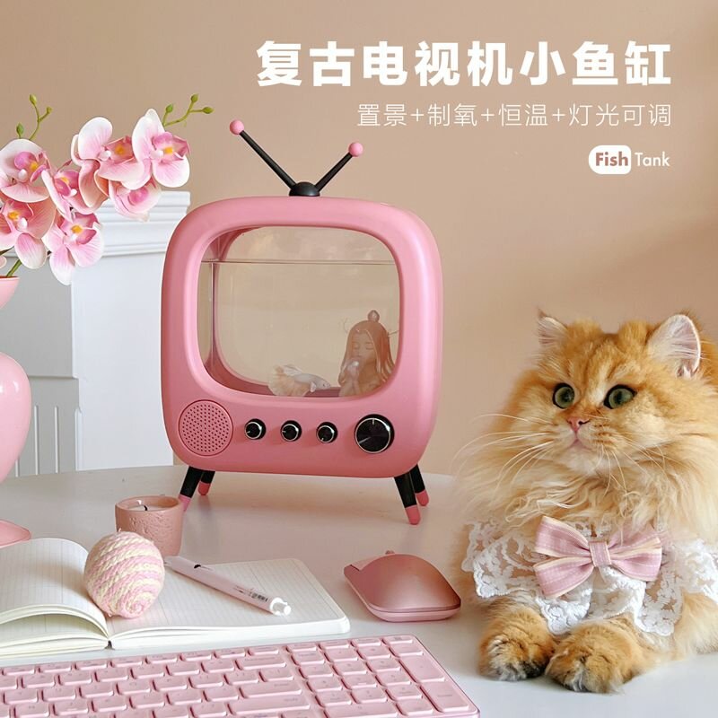 Ретро-аквариум в виде телевизора для кошек, милый мини-аквариум для домашних животных с подсветкой, акриловый аквариум для золотых рыбок и бетт.