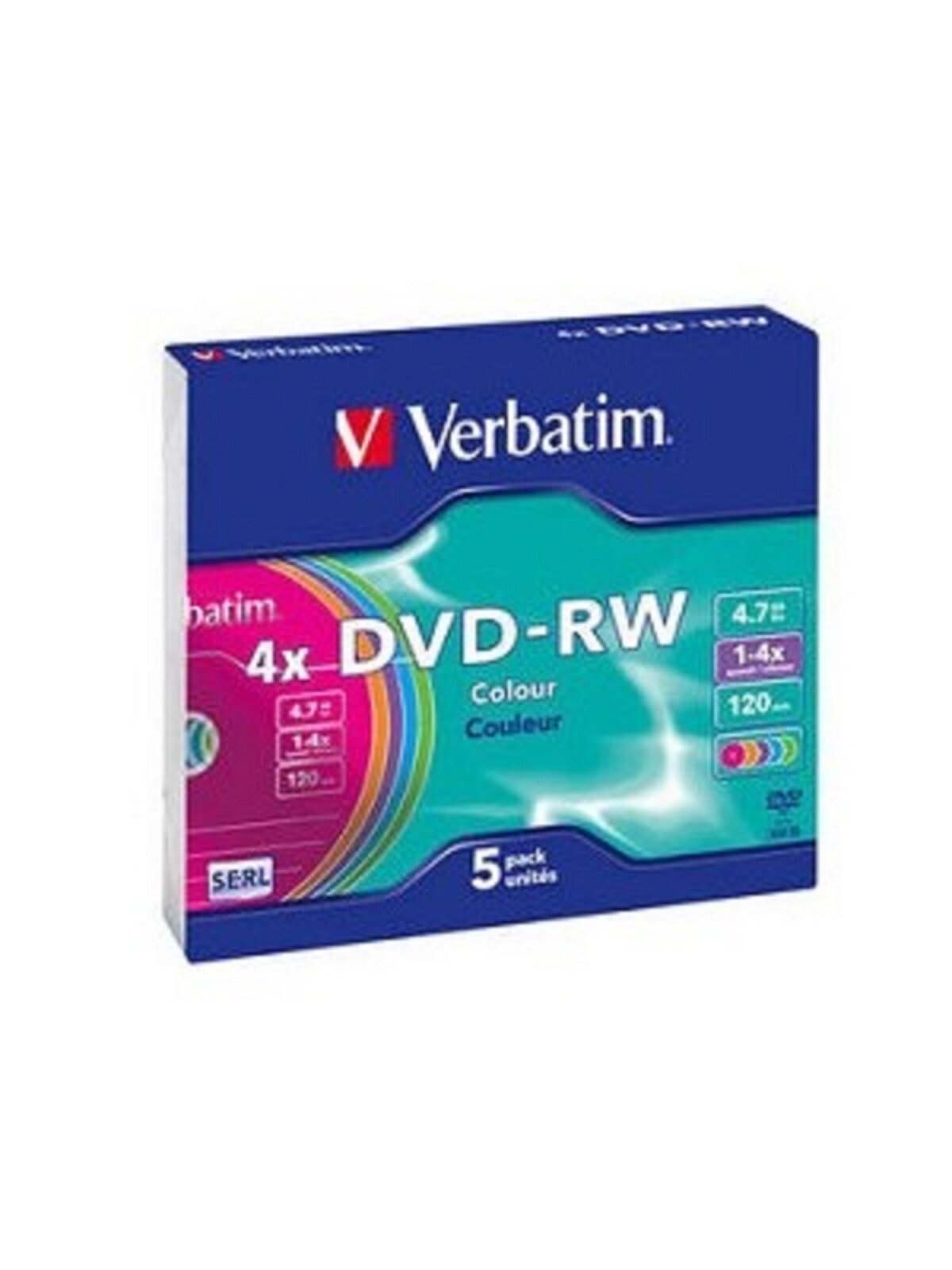 Verbatim Диск DVD-RW 4x, Colour, Slim, 5шт,(43563)