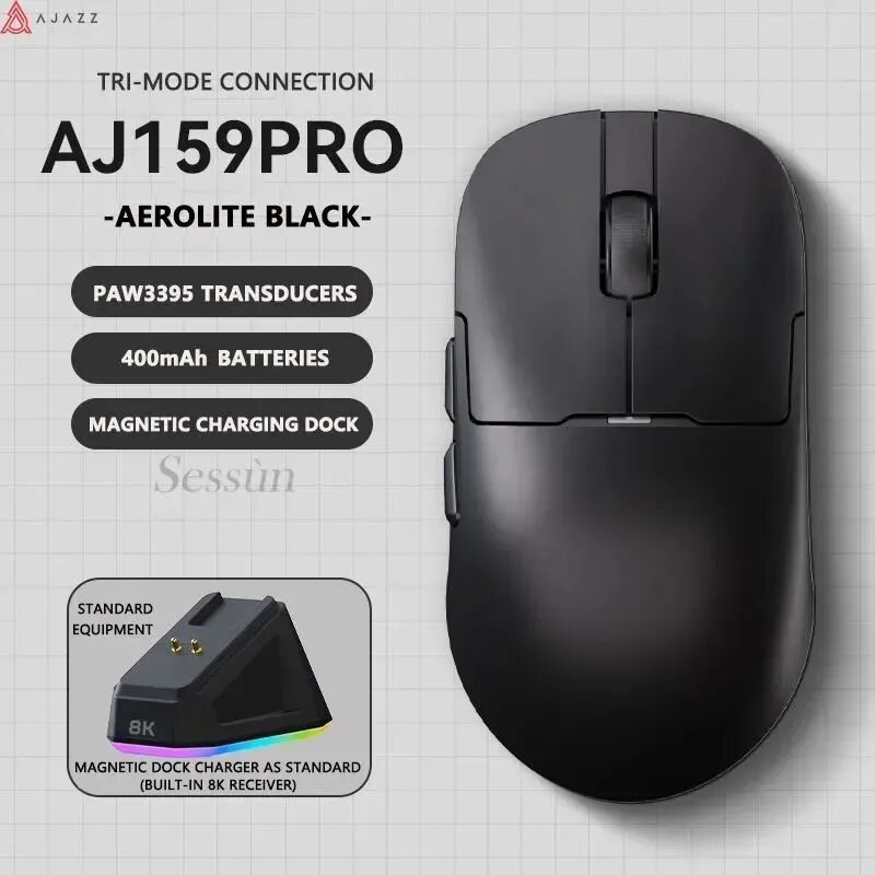 Игровая мышь AJ159 Pro проводная, черный, сенсор PAW3395, 400mAh, Magnetic Charging Dock