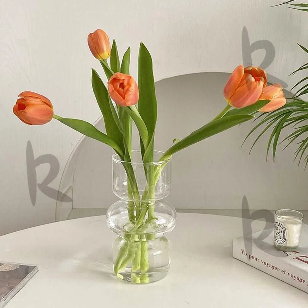Стеклянная ваза 10 см для цветов, оранжевые тюльпаны, настольная, 1 шт, прозрачная