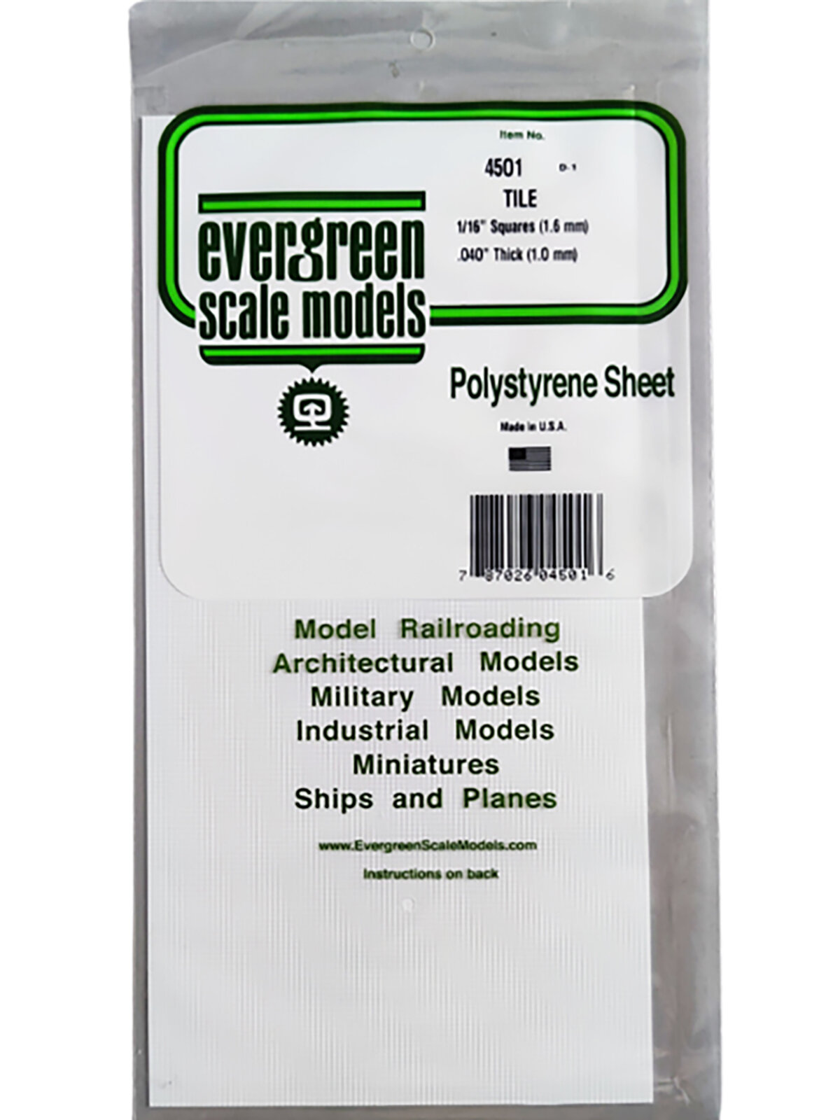 Квадратная пластиковая плитка 1.6х1.6 мм, лист 15х30 см, для моделирования, Evergreen
