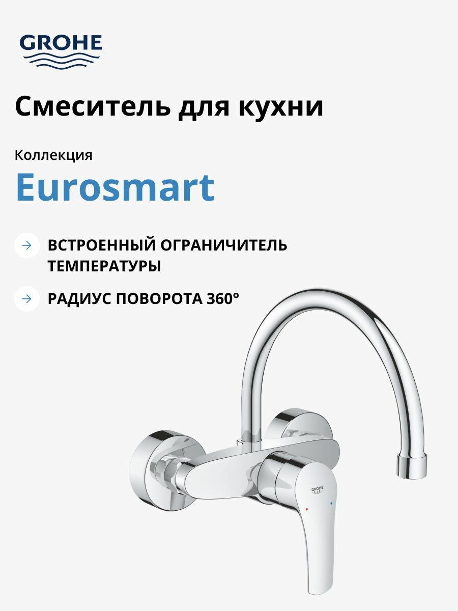 Смеситель для кухни GROHE Eurosmart 2021, настенный монтаж, высокий излив, вынос 245 мм, хром (32482003)