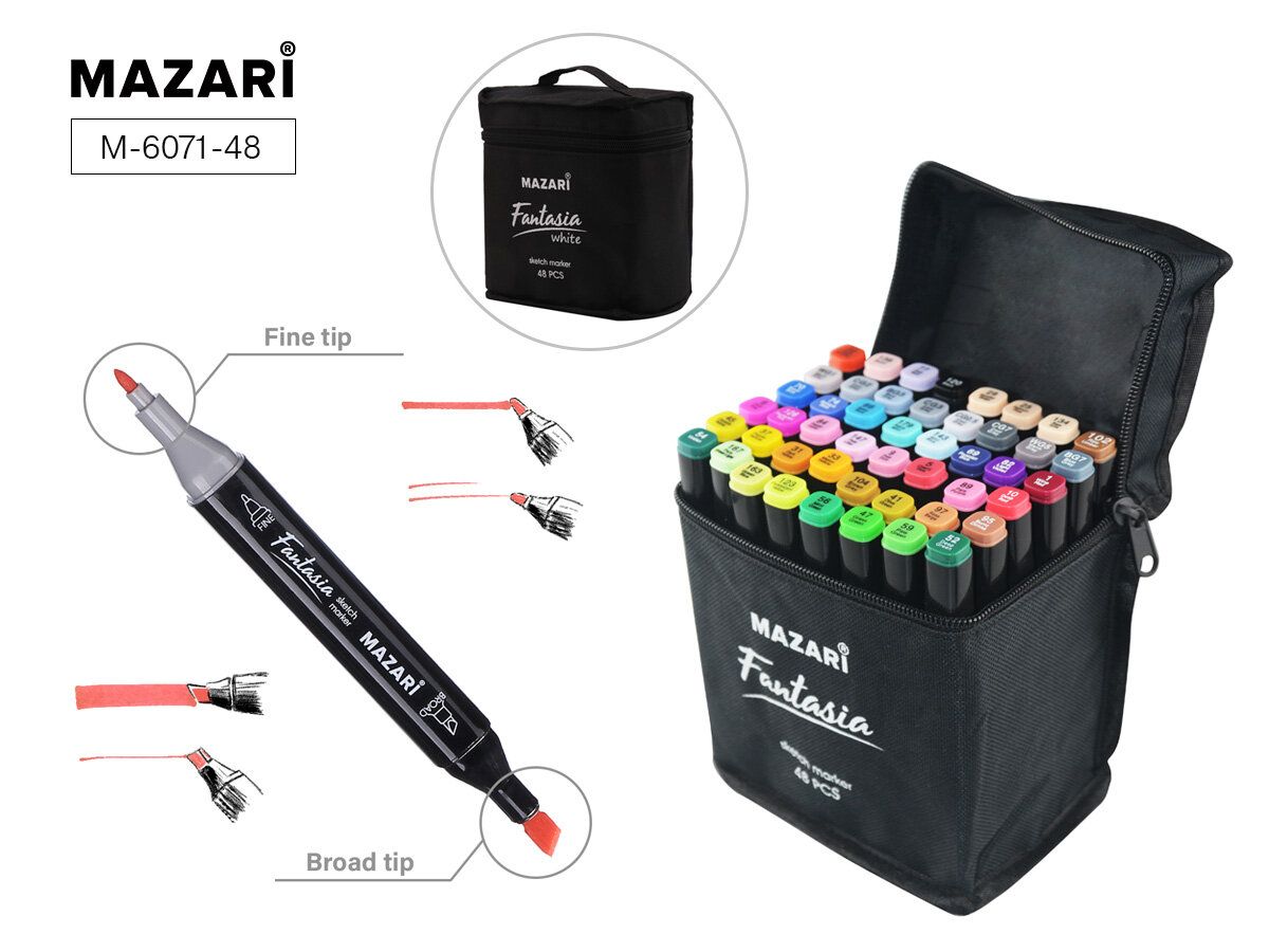Маркеры для скетчинга 48цв 4-гран. двусторонние FANTASIA текстильный чехол MAZARI M-6071-48