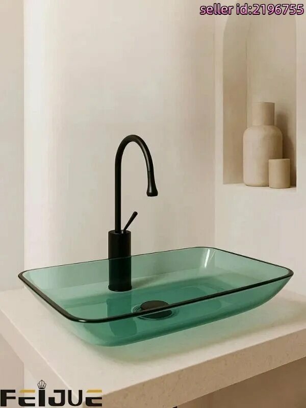 Раковина накладная для ванной на столешницу стеклянная, 57 х 37 см Прямоугольная Зеленая