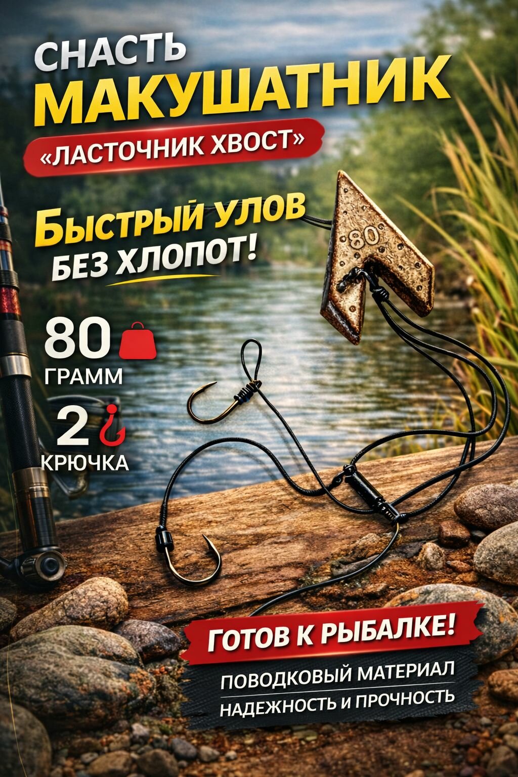 Макушатник 80 г "Ласточкин хвост" карповая снасть на макуху, готовая оснастка для рыбалки, 2 крючка