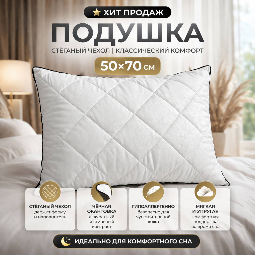 Подушка Vento, для сна, средняя поддержка, 50x70 см, наполнитель из полиэфирного волокна